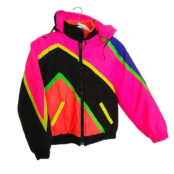 Vintage | Jackets & Coats | Vintage 8s Neon Ski Jacket Black Pink Green ...